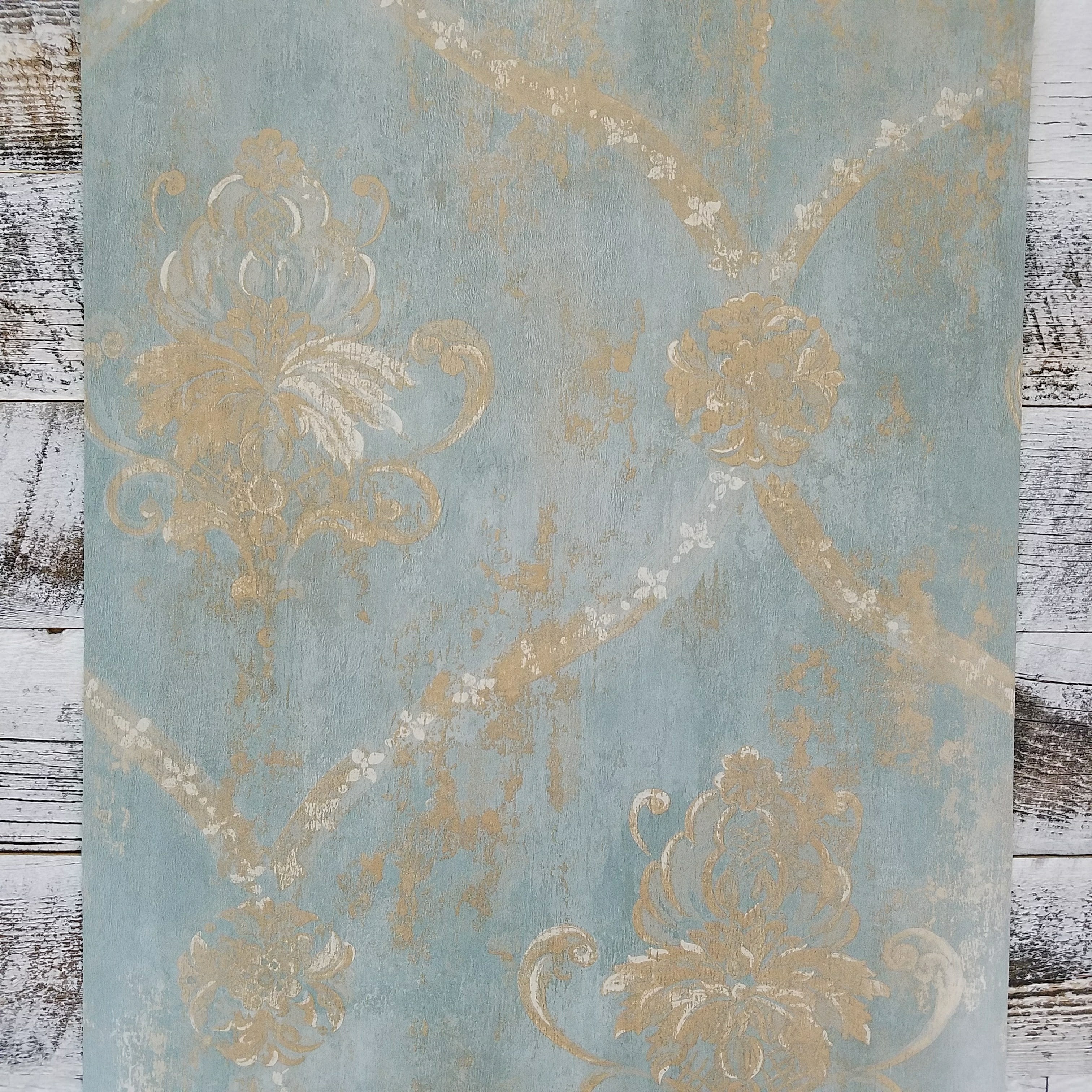 Aqua Blue Gold Weathered Damask Wallpaper | CH28248 – D. Marie Interiors